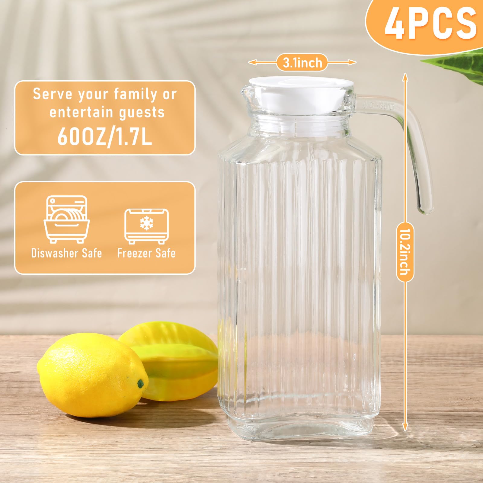 Gejoy 4 Pieces 60 oz Glass Pitcher with Lid Fridge Pitcher Juice Pitcher Glass Water Pitcher Beverage Drink Containers Jug for Fridge Iced Tea Lemonade Milk Cocktails Cold