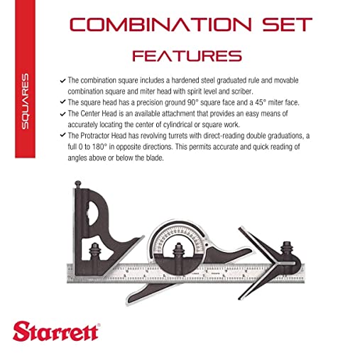 Starrett Combination Set with Square, Center and Non-Reversible Protractor Head and Blade - 12" Blade Length, Hardened Steel, 4R Graduation Type - 9-12-4R