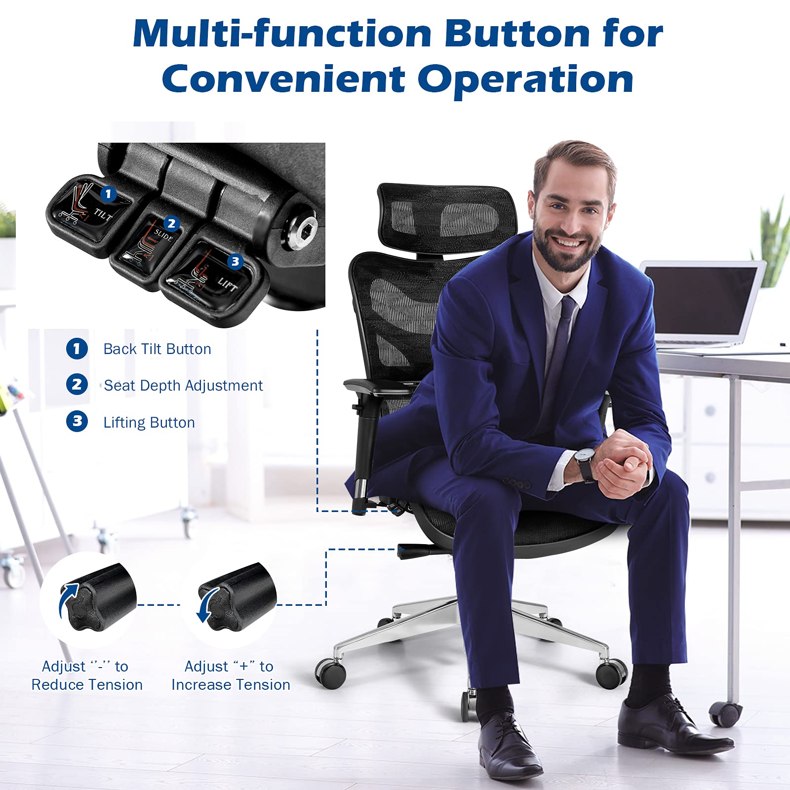 Giantex Ergonomic Office Chair, High Back Computer Chair w/Lumbar Support & 3D Armrests, Rolling Swivel Chair w/Adjustable Headrest & Tilt Function, Mesh Desk Chair for Home Office Executive Gaming