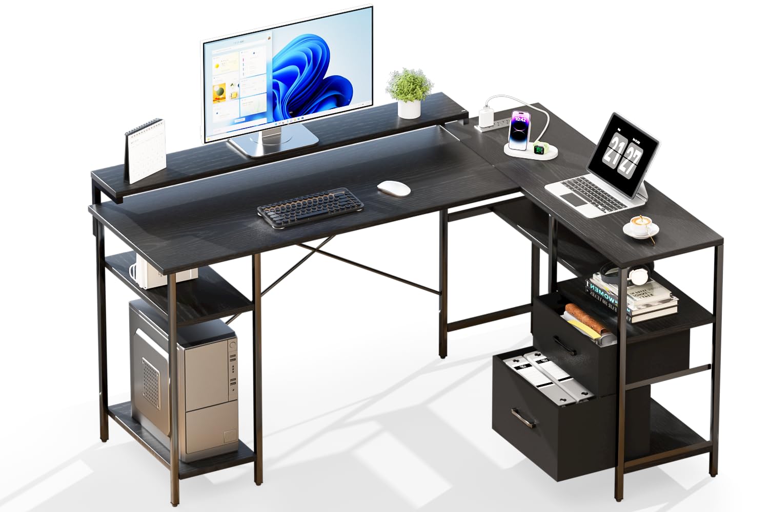 TOARTi 61" L Shaped Computer Desk with Drawer, Large Office Writing Desk with Power Outlets&LED Strip, Gaming Corner Desk with Adjustable Long Monitor Shelf for Home Office, Black Color