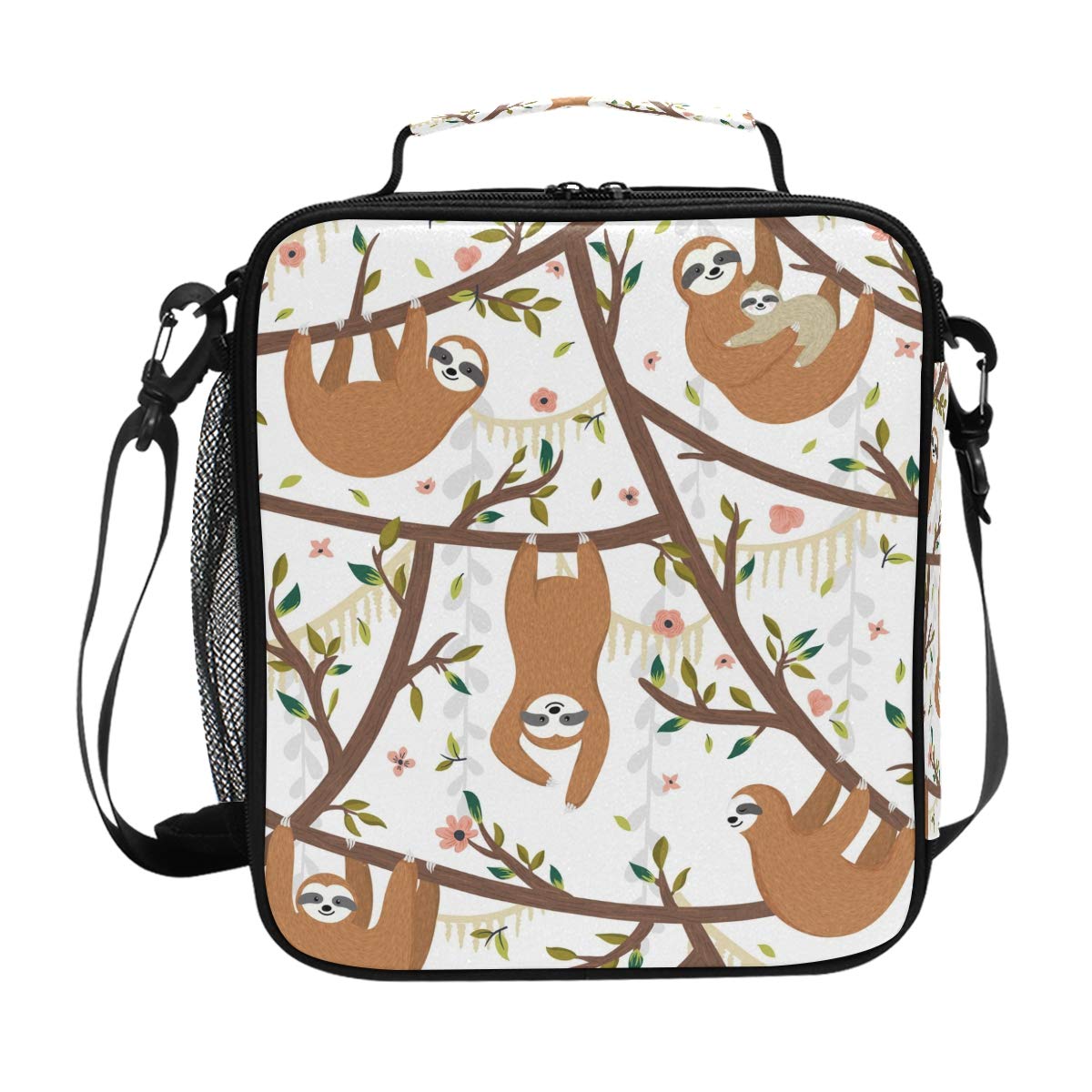 Lunch Box Bag Cute Animal Sloth Flower Leaves Lunchbox Insulated Thermal Cooler Ice Adjustable Shoulder Strap for Women Men Boys Girls
