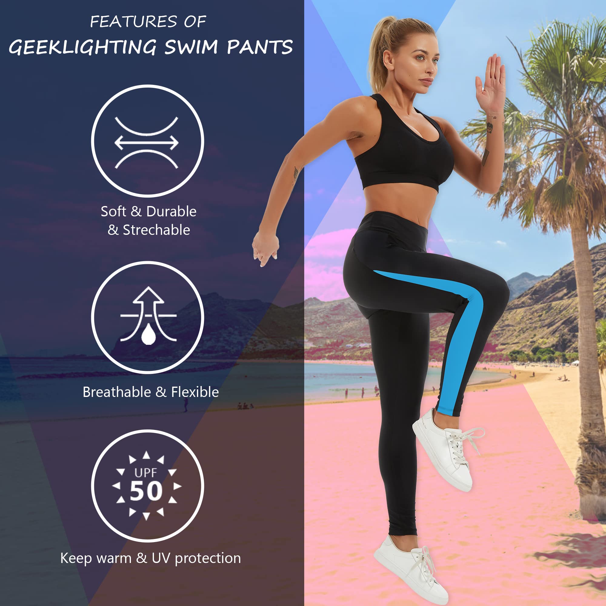 GEEK LIGHTING Swim Pants for Women Surfing Leggings SPF Swimming Tights Rash Guard Water Wetsuit Dive Kayaking Pants Blue Small