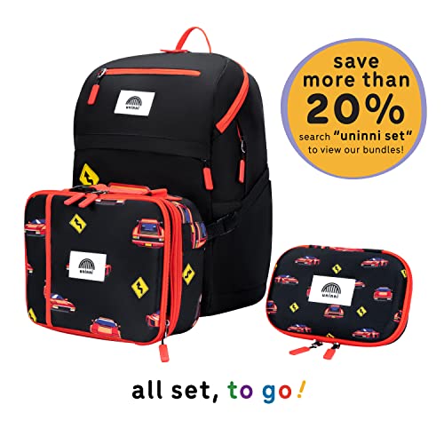 uninni 16" Kid's Backpack for Girls and Boys Age 6+ with Padded, and Adjustable Shoulder Straps. Fits for Height 3'9" Above Kids (Race Car Black/Red)