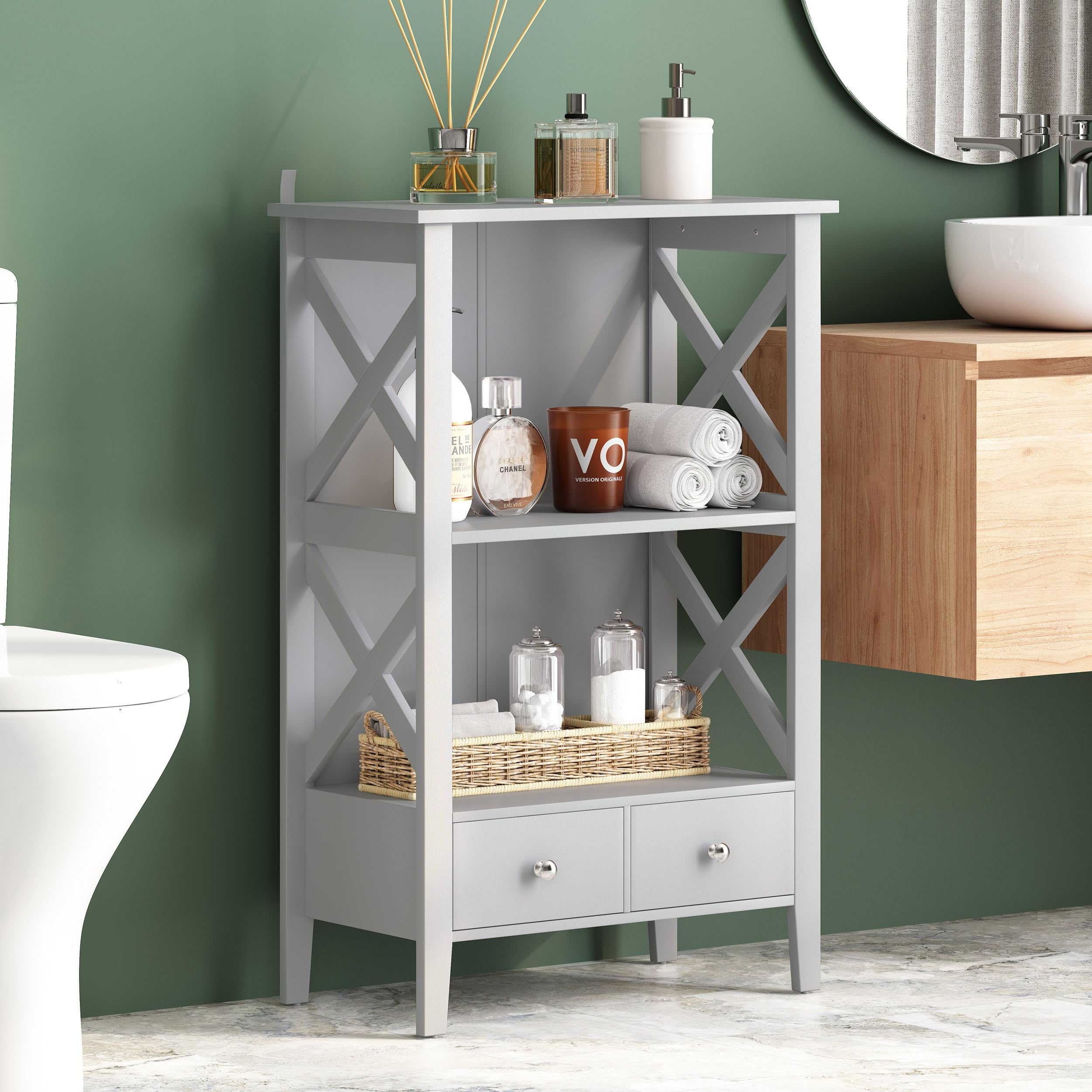 Rustic Bathroom Storage Cabinet with 2 Drawers, White