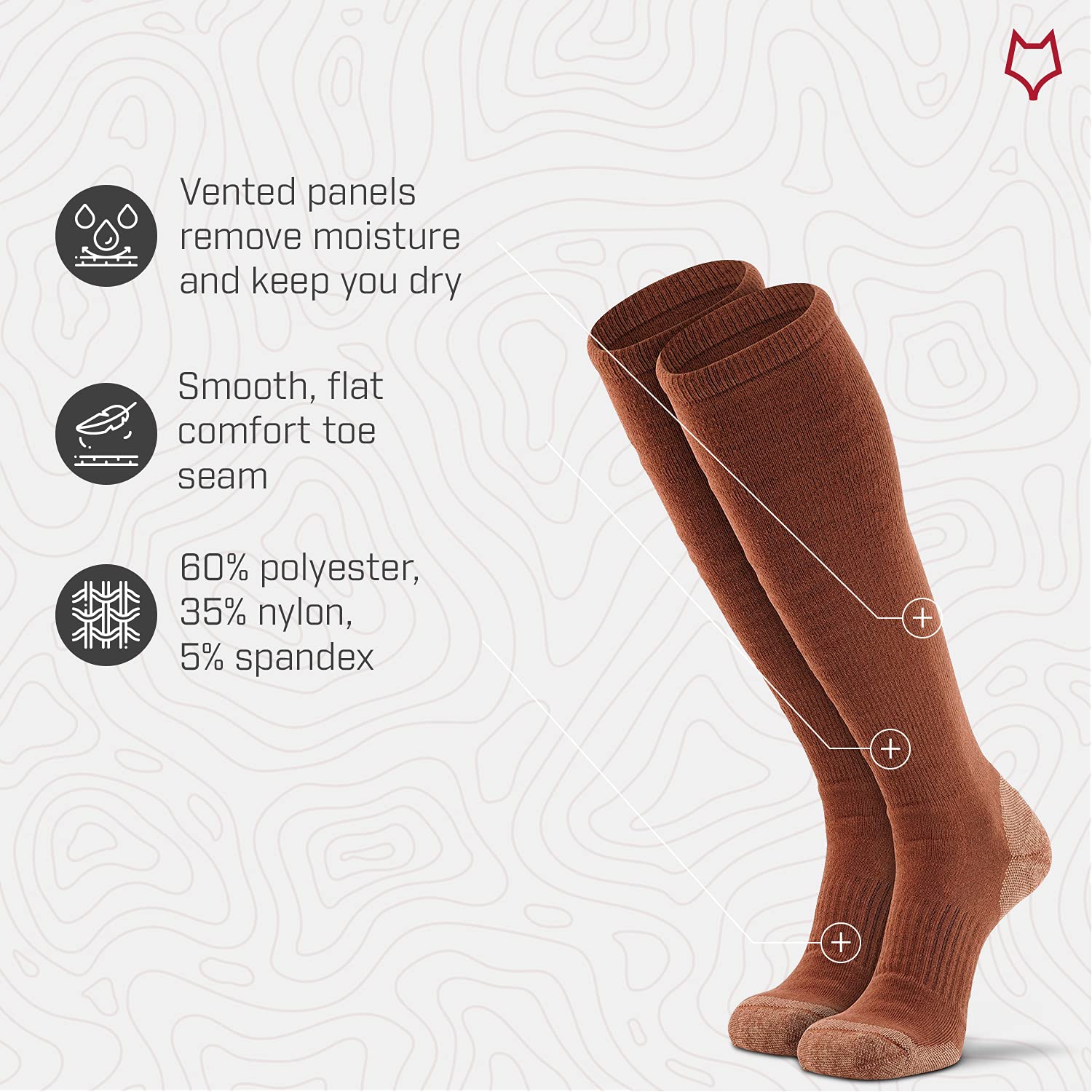 FoxRiver Mens Lightweight Military Over-the-calf Socks Fatigue Fighter® 6036, Brown, X-Large US