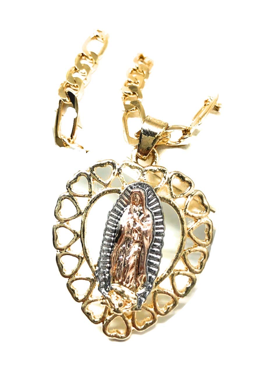 Gold Plated Tri-Color Virgin Mary Heart Pendant Necklace 24" Virgen de Guadalupe Medalla Tres Colores Corazon