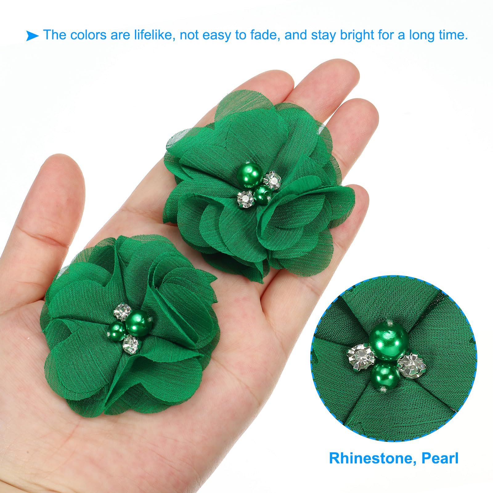 PATIKIL 2" Chiffon Flowers, 30Pcs Fabric Flowers Sewing Appliques Embellishments with Rhinestone Pearl for DIY Crafts Wedding Headbands Party Decoration, Green
