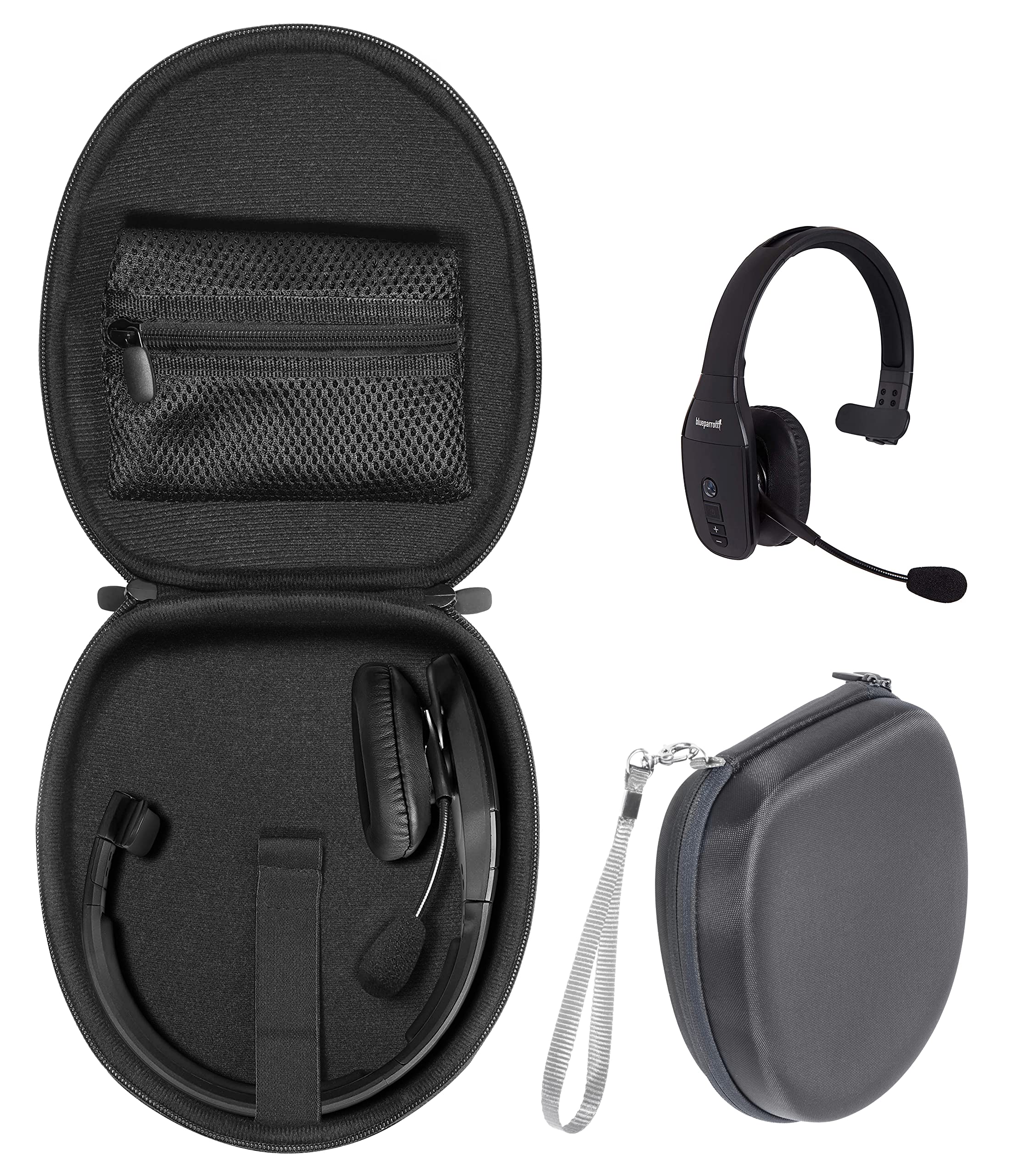 WGear Headset Case for VXI BlueParrott B550-XT, B450-XT, B450-XT -204010-C, B350-XT, B250-XTS, C400-XT, Mesh Pocket Cable, Amplifier and Other Accessories, Detachable Wrist Strap (Gray), compact Size
