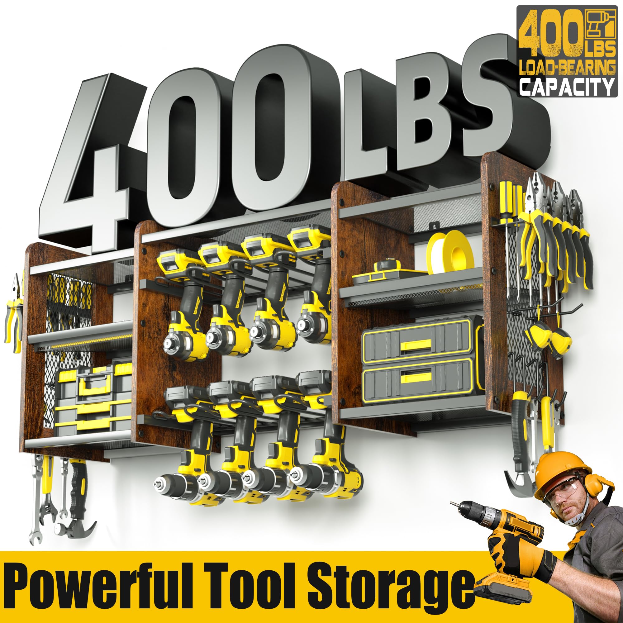 vimiroo Power Tool Organizer, 8 Drill Holder Wall Mount, 3 Layers Garage Tool Organizers and Tool Storage Rack, Heavy Duty Metal Tool Shelf with Screwdriver Holder/Plier Holder/Hammer Holder