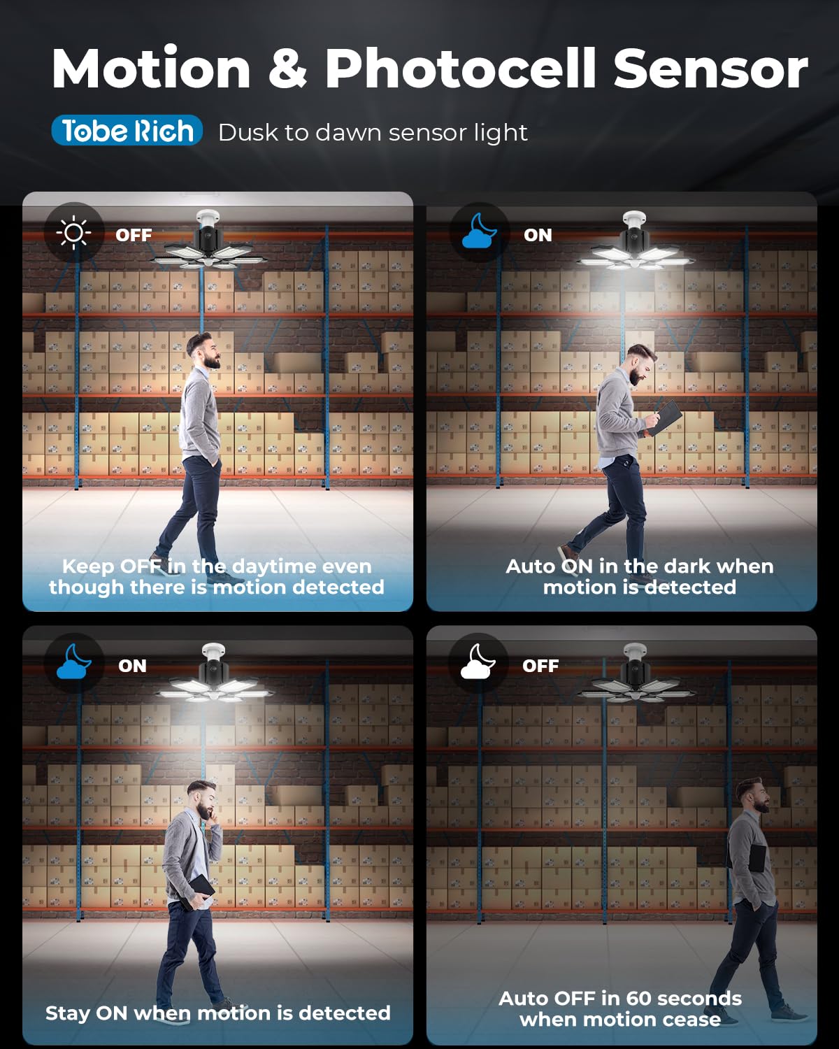 toberich Motion Sensor Garage Light, Ultra Bright 200W 20000LM Motion Shop Light w/ 3 Switch Modes, 6500K Daylight, Dusk to Dawn Indoor Motion Activated Light Bulb for Garage, Workshop (1 Pack)