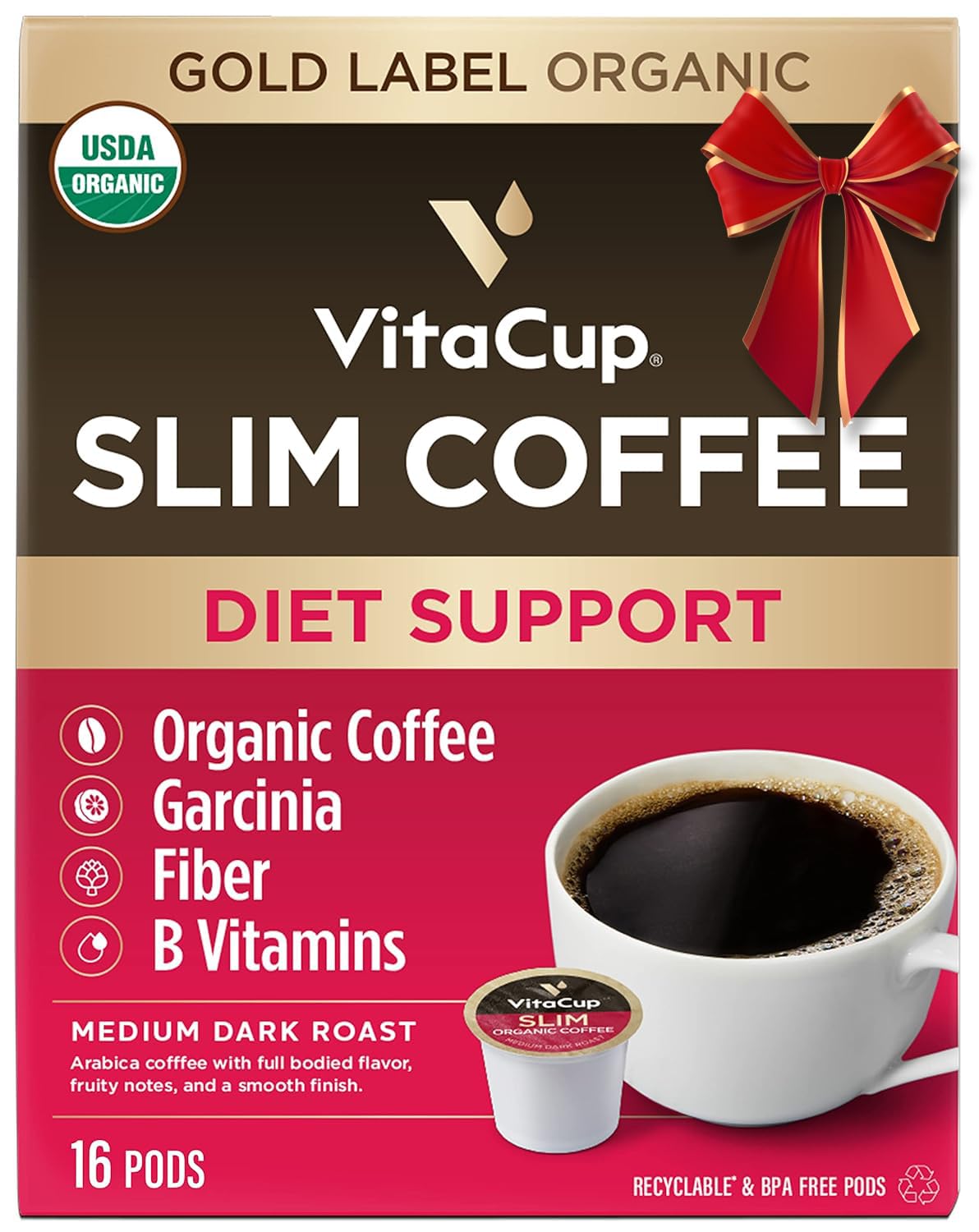 VitaCup Slim Organic Coffee Pods, Diet Support with Ginseng, Garcinia, B Vitamins, Bold Medium Dark Roast, Single Serve Pod, Compatible with Keurig K-Cup Brewers,16 Ct