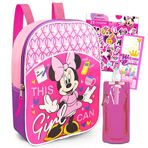 Minnie Mouse Mini Backpack - Bundle with 11” Minnie Mini Backpack, Water Pouch, Minnie Stickers, More - Minnie Mouse Preschool Backpack for Girls Toddler