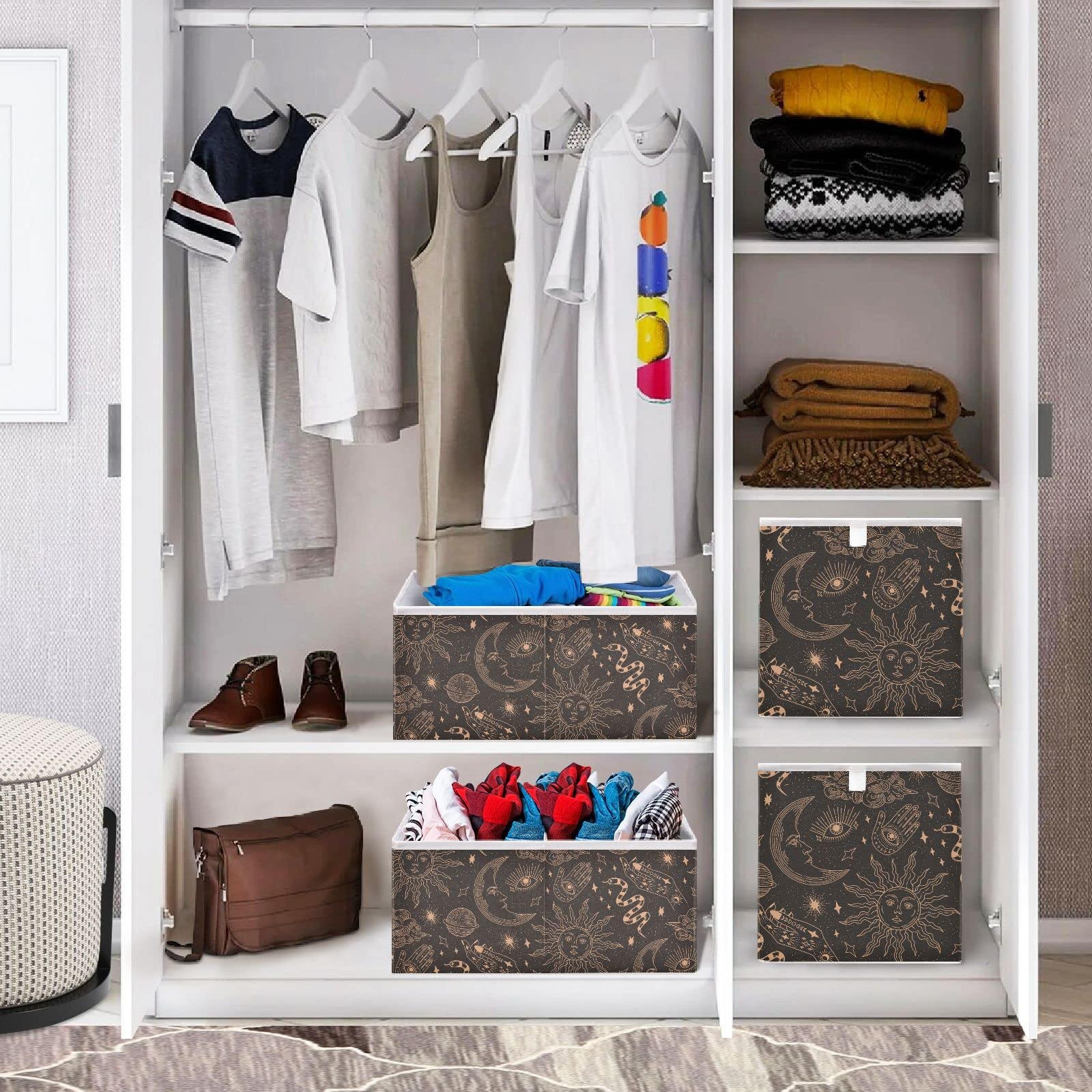 Vnurnrn Fabric Cube Collapsible Storage Cube Boho Celestial Snake Print, Storage Bins with Support Board, Foldable Basket for Shelf Closet Cabinet 11.02×11.02×11.02 in