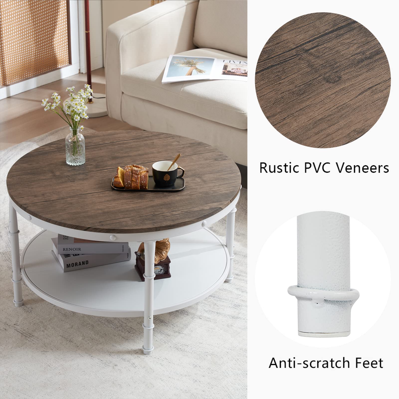 VINGLI 31.5" Dark Walnut White Round Farmhouse Coffee Table, 2-Tier Storage Wood Center Circle Accent Table for Living Room, Bedroom, Apartment, Studio and Small Spaces, Sturdy Metal Frame
