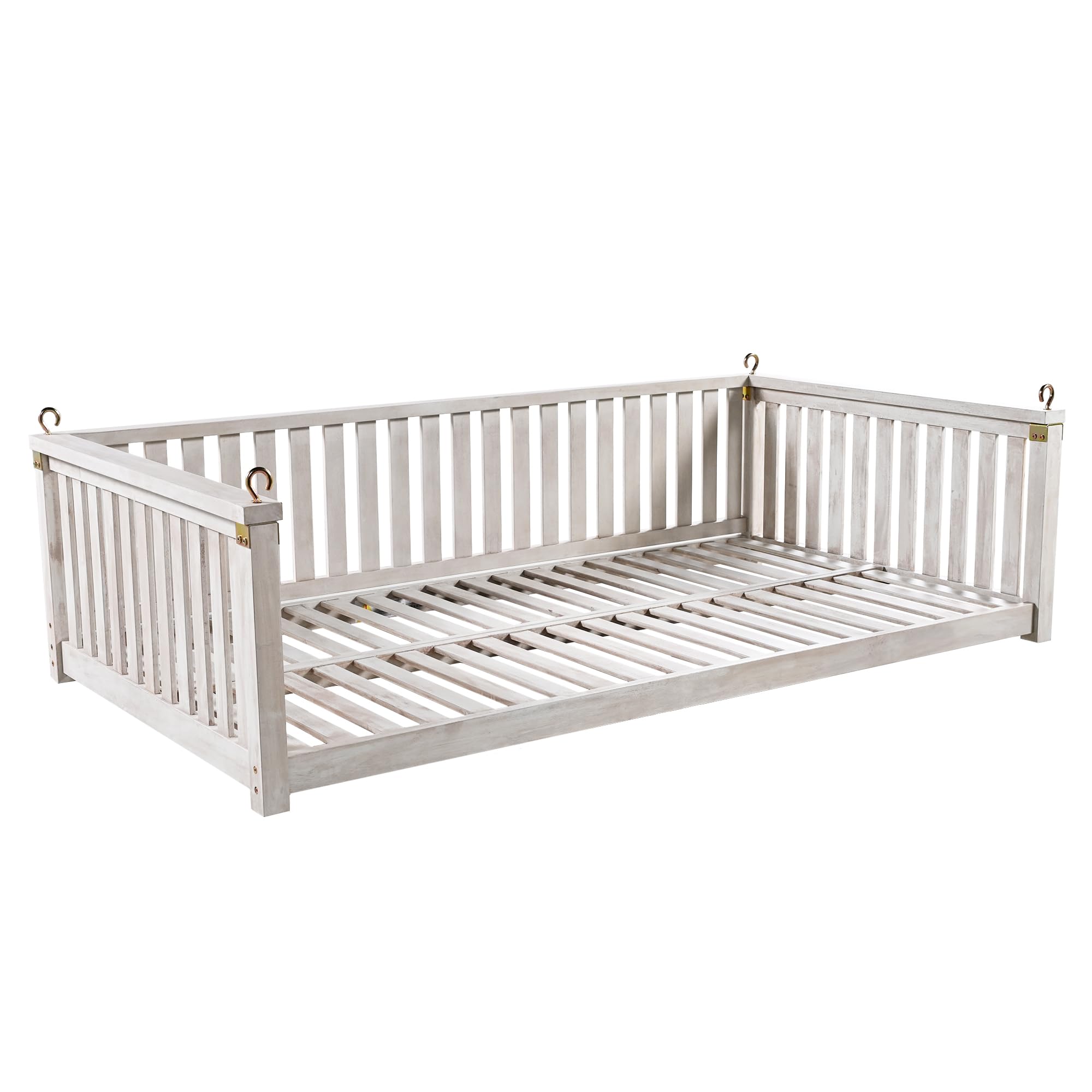 Patio Minimalist Twin Size Garden Swing Bed Wood Porch Swing with Ropes for Backyard, Safe Sloped Design (White)