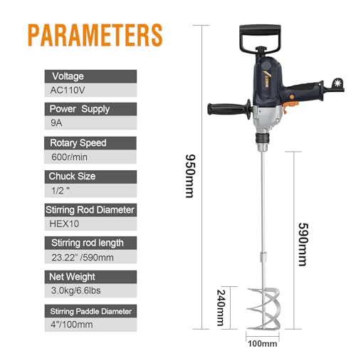 MAXXT Drill Mixer Set with Spade Handle 1/2 inch Electric Corded Mixing Drill Machine 9A Motor Concrete Mud Mixer