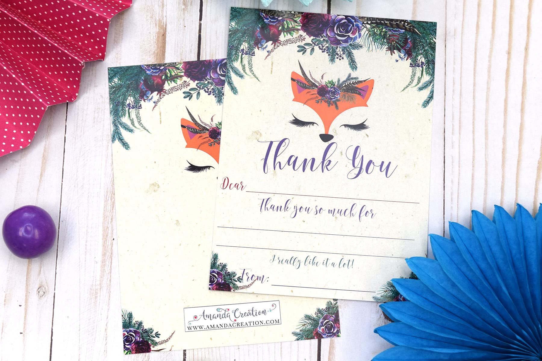 Woodland Forest Fox Face Floral Thank You Notes, Ten 4" x 5.5" Fill In The Blank Cards with 10 White Envelopes by AmandaCreation