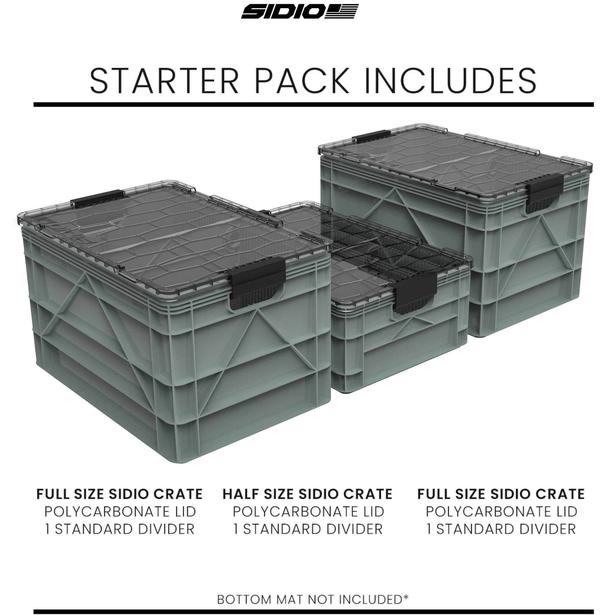 SIDIO CRATE Starter Pack - Two Full Size and One Half Size Heavy Duty Stackable Storage Bins, Totes and Containers with Lids and Dividers - Durable Organizer for Home, Office, Garage, and Outdoor Use