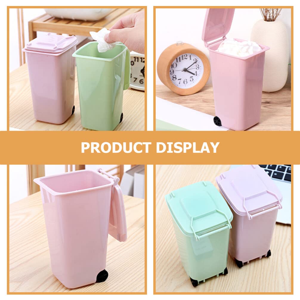 Tofficu Small Waste Basket 2pcs Mini Curbside Garbage Trash Bin with Wheels Lid Pen Holder Tiny Recycle Can Pencil Cup Desktop Organizer for Bedroom Office Desktop Car Green Pink