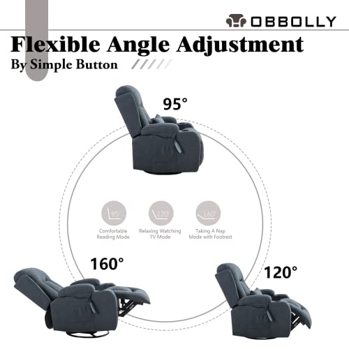 OBBOLLY Swivel Rocker Recliner Chair with Massage, Manual Glider Rocking Recliner Chair, Wingback Design 360° Swivel Chair with Lumbar Pillow, Cup Holders for Living Room (Single, Blue Grey-Linen)