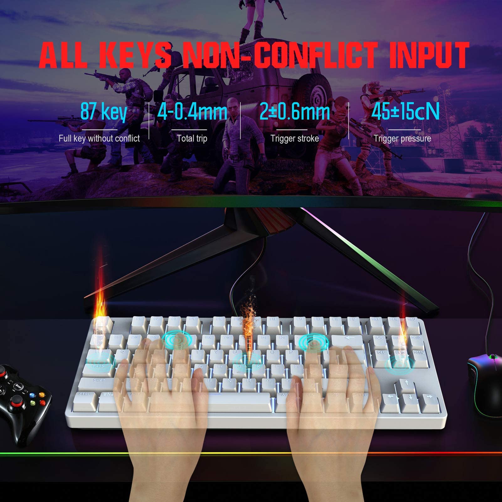 Pomya 87 Keys Wired Gaming Keyboard, Ergonomic USB Wired Mechanical Keyboard with Dye Sublimation Keycap for Win, for Android, for OS X, PC Keyboard for Game, Work(White)