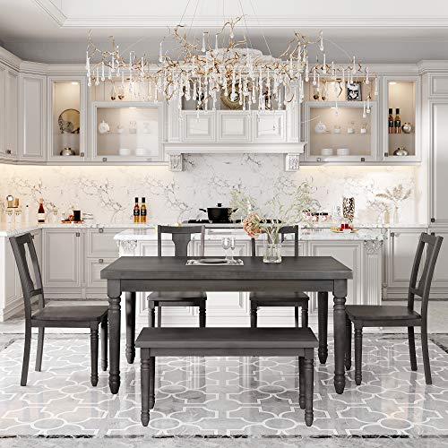 SweetFm Table & Chair Wooden Rectangular Dining Table, Farmhouse Rustic 6-Piece Kitchen Set with 4 Upholstered Chairs and 1 Bench,Gray, 60in, Grey