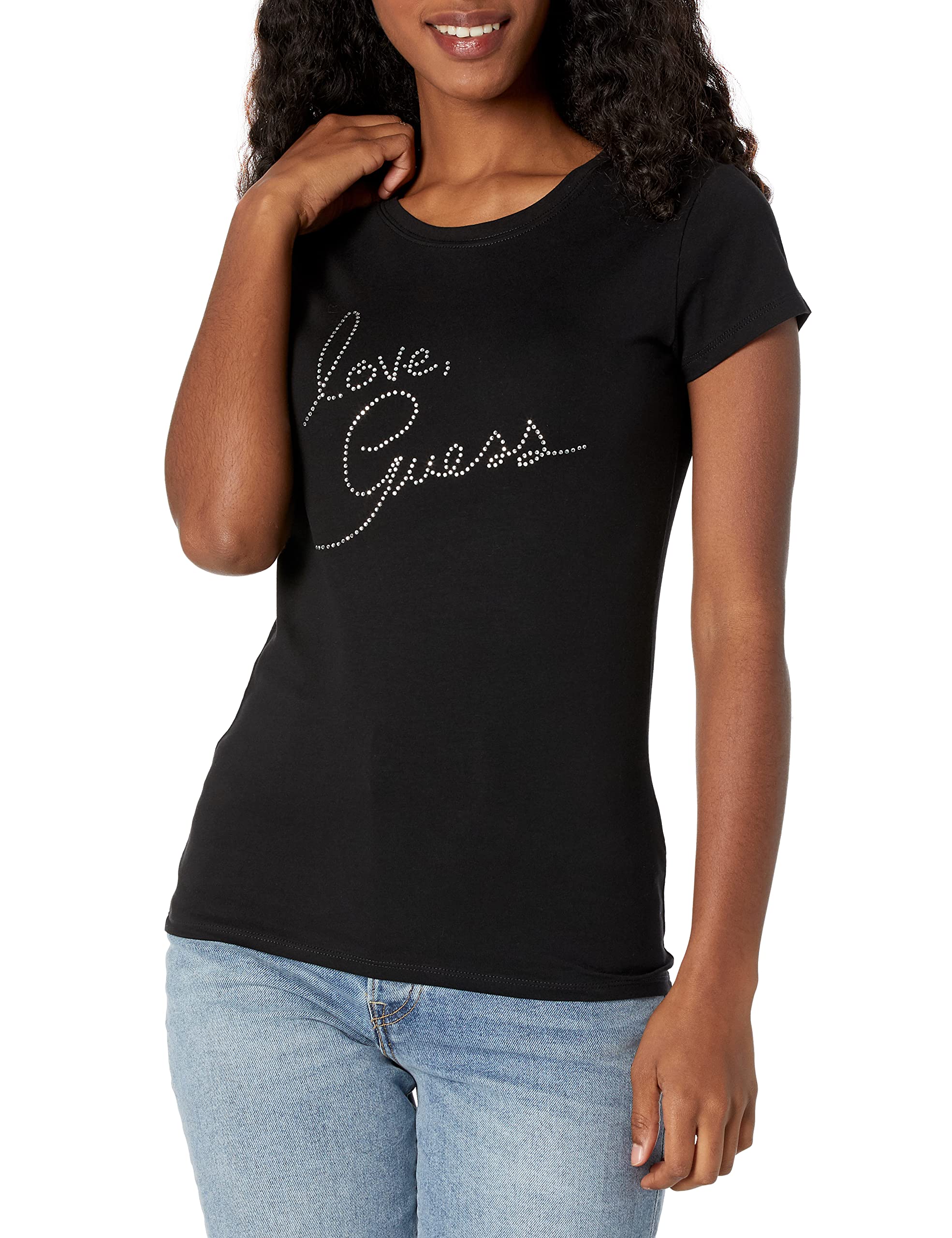 GUESS Women's Short Sleeve Love, Tee, Jet Black, Medium