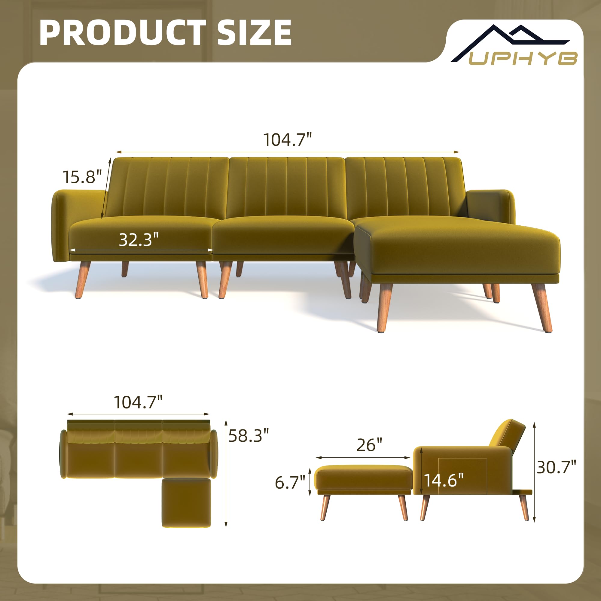 UPHYB 105" L-Shaped Velvet Sectional Sofa Couch, Modern Convertible Sleeper Sofa Bed with Adjustable Backrest, 2 Pillows and Ottoman, Modular Sofa Couch for Living Room and Apartment