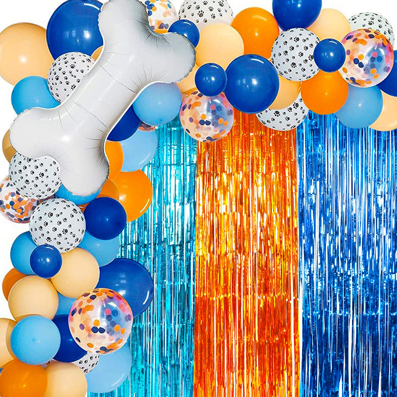 Whaline 124Pcs Blue Birthday Party Balloon Garland Arch Kit Blue Orange Dog Paw Bone Foil Balloons Fringe Curtains Party Decor for Boys Girls Baby Shower Blue Theme Birthday Party Decorations