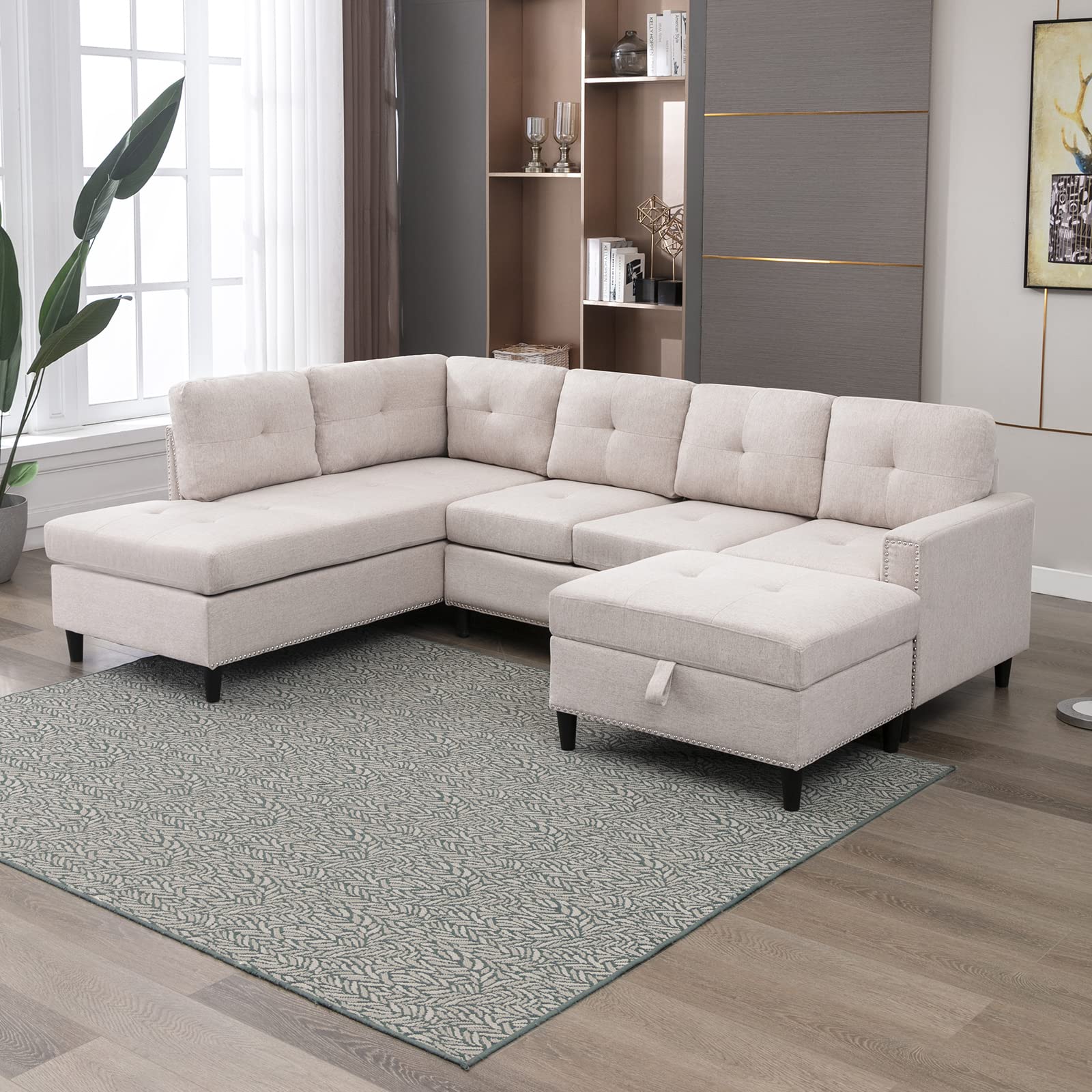 ZAFLY 101" Sectional Couch, L Shaped Sofa with Storage, Convertible Sofá 4-Seat with Reversible Chaise, Living Room Fabric Sofa Sets with Cup Holders -Beige