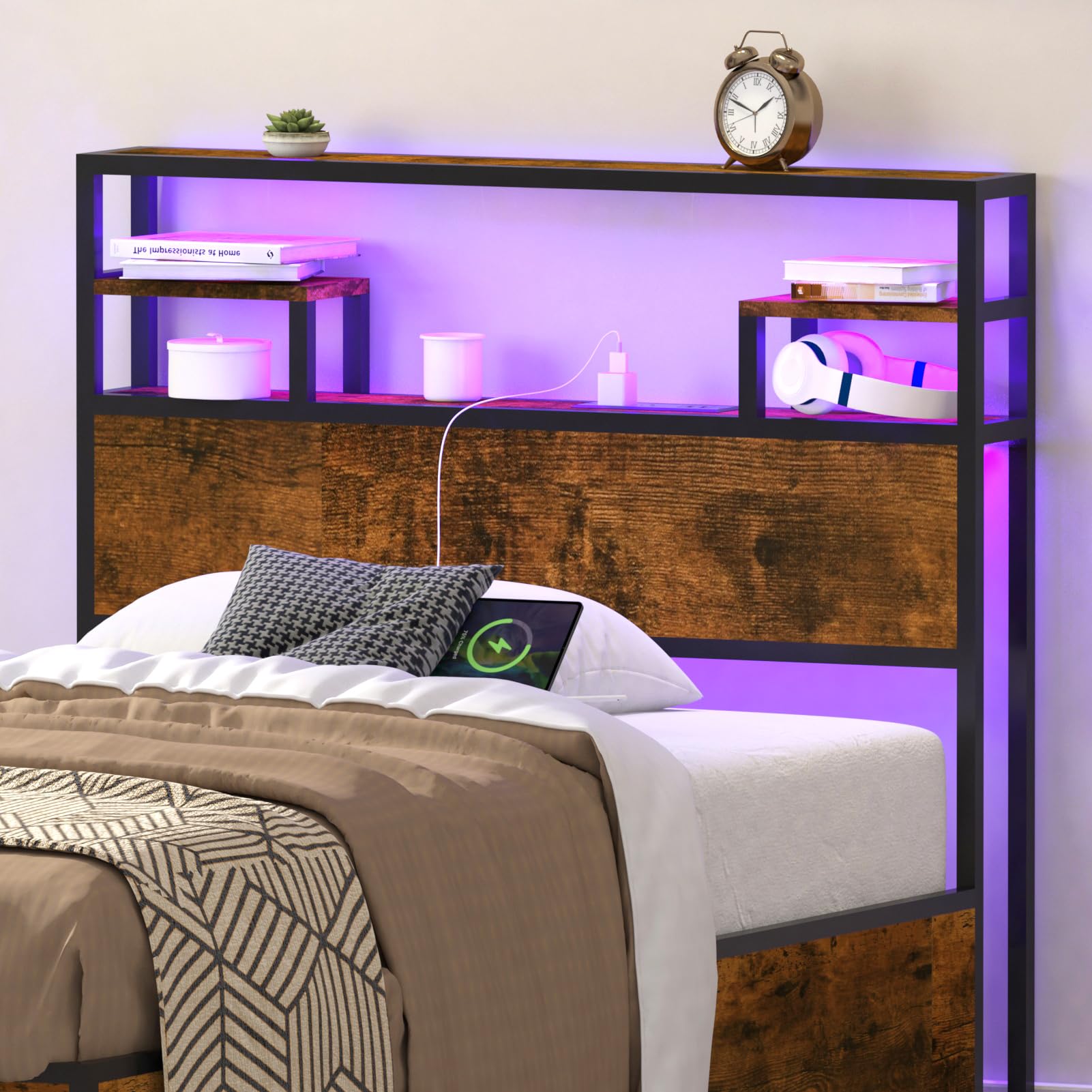 RELASIA Queen Headboard, Metal and Wood Headboard with LED Light & USB & Type C Port & 2 Outlets, Large Storage Space, Non-Slip Bottom Solid Stable Metal Frame, Easy Assembly-Brown