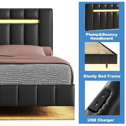 Queen Size Floating Bed Frame,with LED Atmosphere Lights & USB Charging,Modern Upholstered PU Platform LED Bed Frame,Adjustable Headboard Smart Thick Bed, Noiseless No Box Spring Needed (Black)