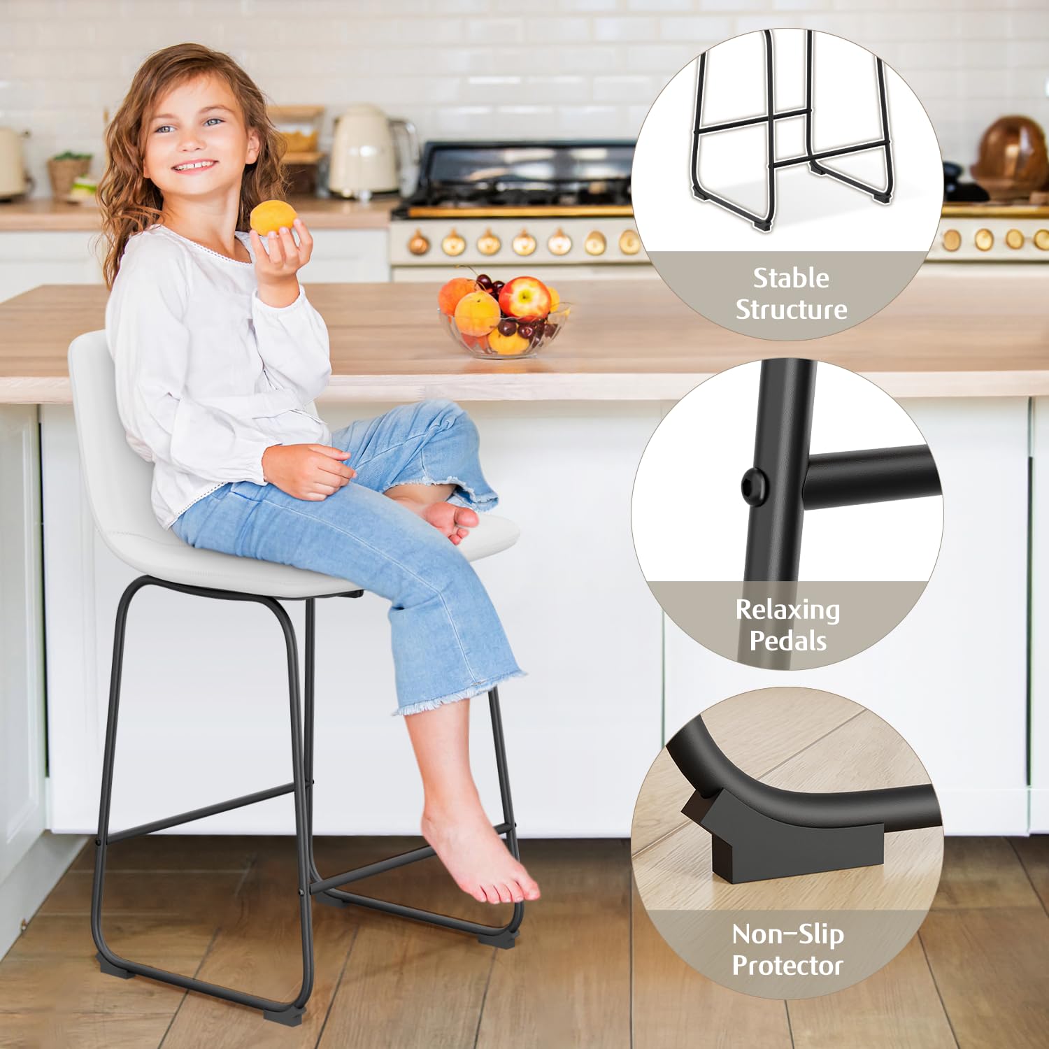 REONEY Bar Stools Set of 2, PU Leather Counter Height Bar Stools, 26" Modern Bar Stools with Metal Legs and Footrest, Urban Armless Dining Chairs with Backrest for Kitchen Island (White)