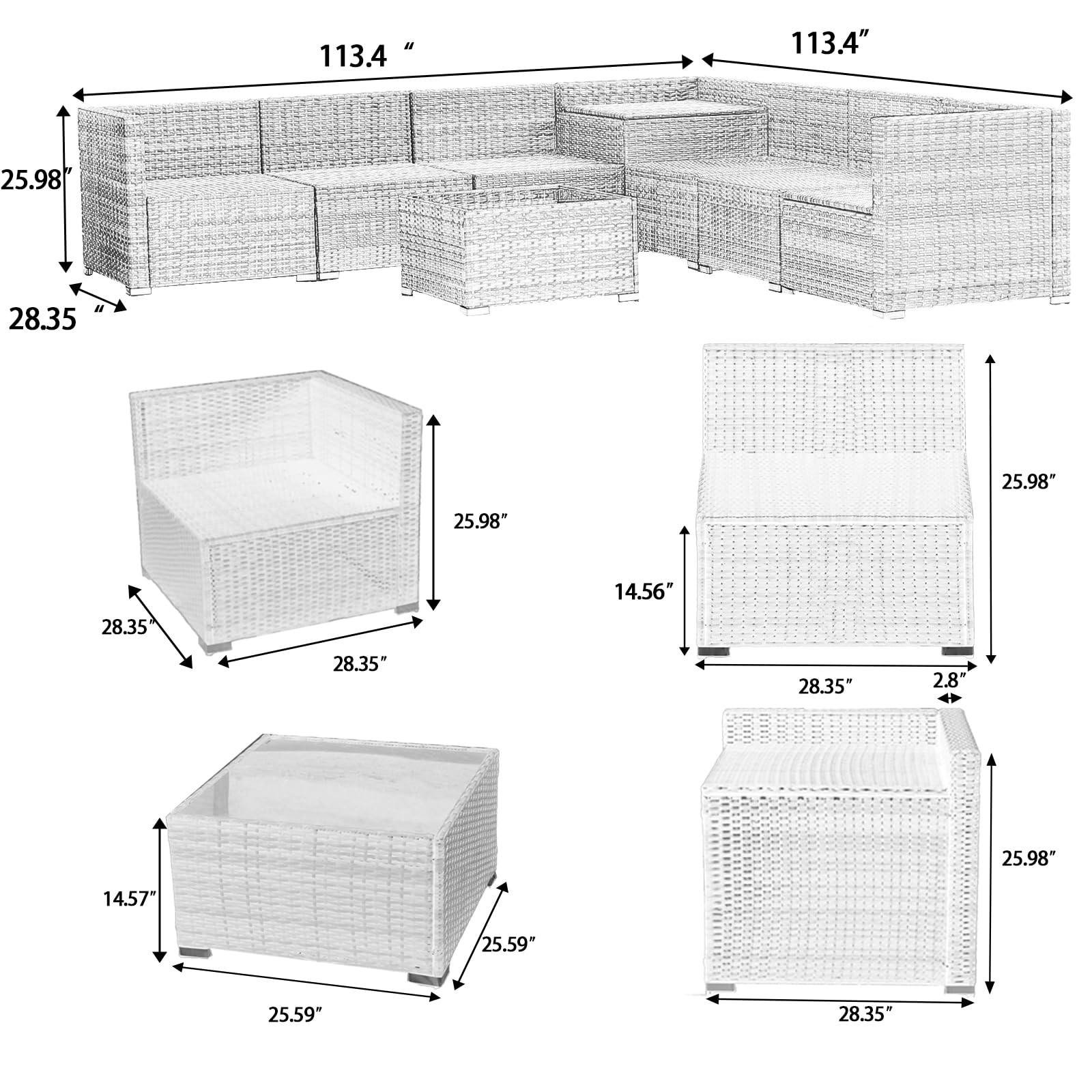 PatLoom 8-Piece Modular Outdoor Wicker Patio Furniture Set - Sectional PE Rattan Sofa with 2 Pillows, Coffee Table, Protective Cover - Garden, Backyard, Porch Conversation Set (Grey)