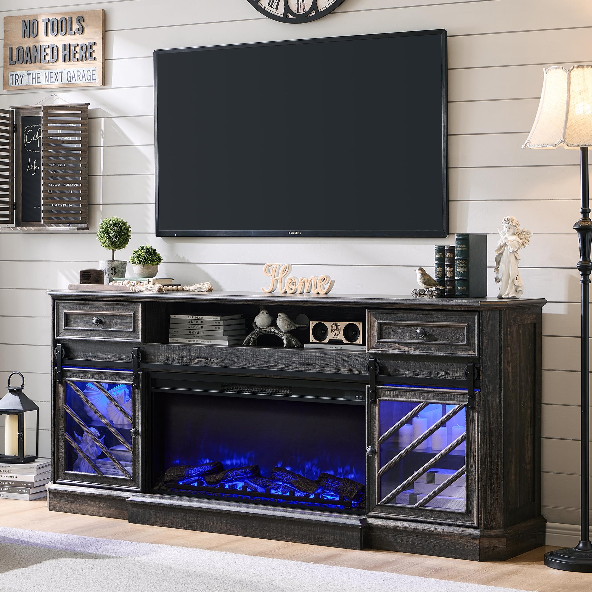 RedLemon Farmhouse Fireplace TV Stand for 85 Inch TV, 32ā Tall Highboy Entertainment Center w/36ā Electric Fireplace, Modern Media Console w/Drawers Storage for Living Room, Dark Rustic Oak