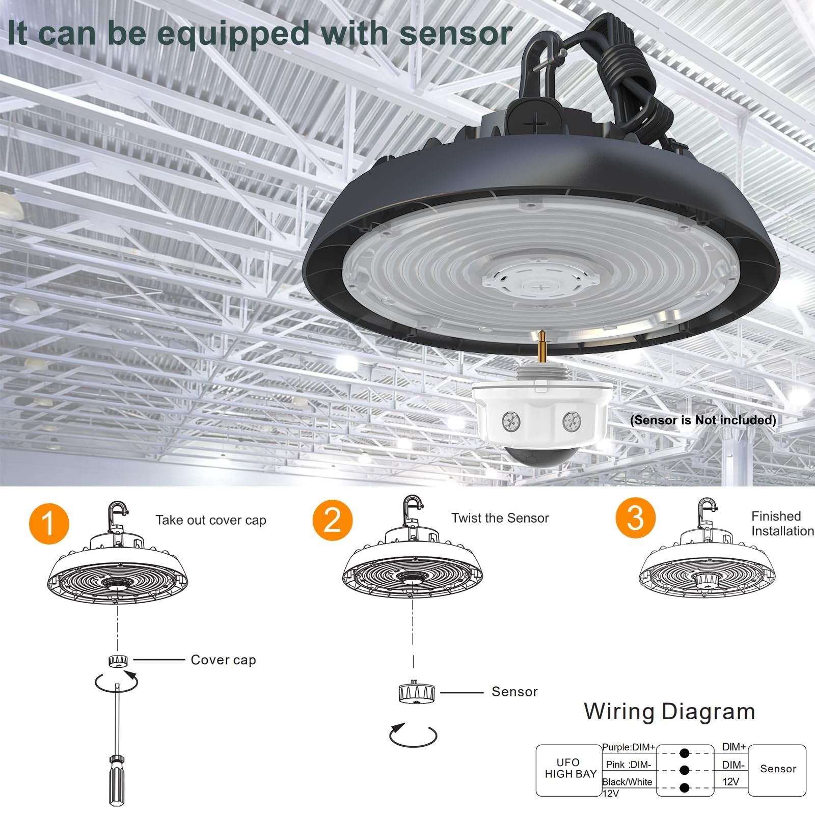 Treligate UFO Led High Bay Light 100W 125W 150W Wattage Adjustable 4000K 5000K CCT Selectable 1-10V Dimmable High Bay Lights with 5' US Plug Alternative to 650W MH/HPS for Factory Warehouse