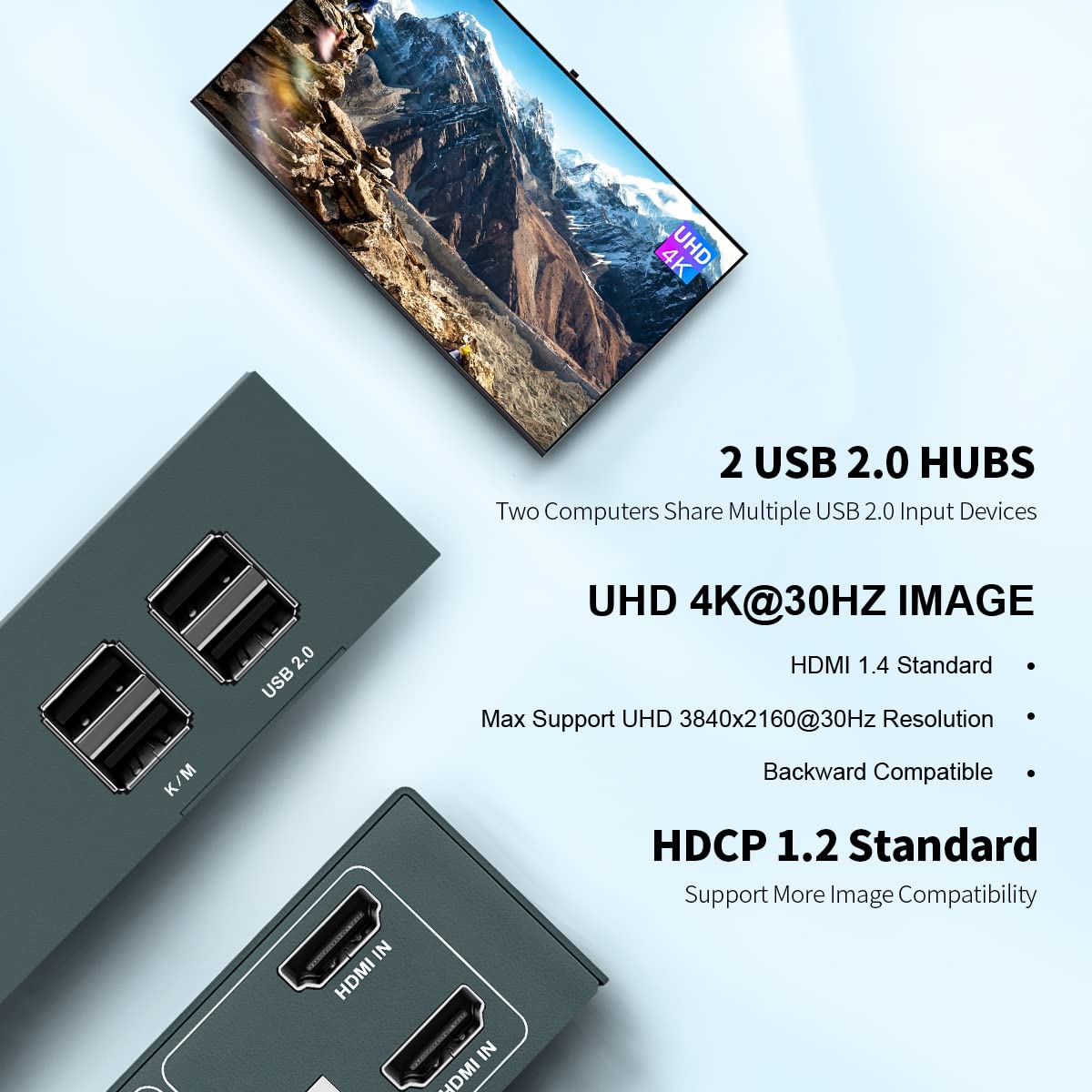 GREATHTEK Dual Monitor HDMI KVM Switch 2 Port, 2 USB 2.0 Hub, UHD 4K@30Hz YUV4:4:4 Downward Compatible, USB Powered, Hotkey Switch, with Cables