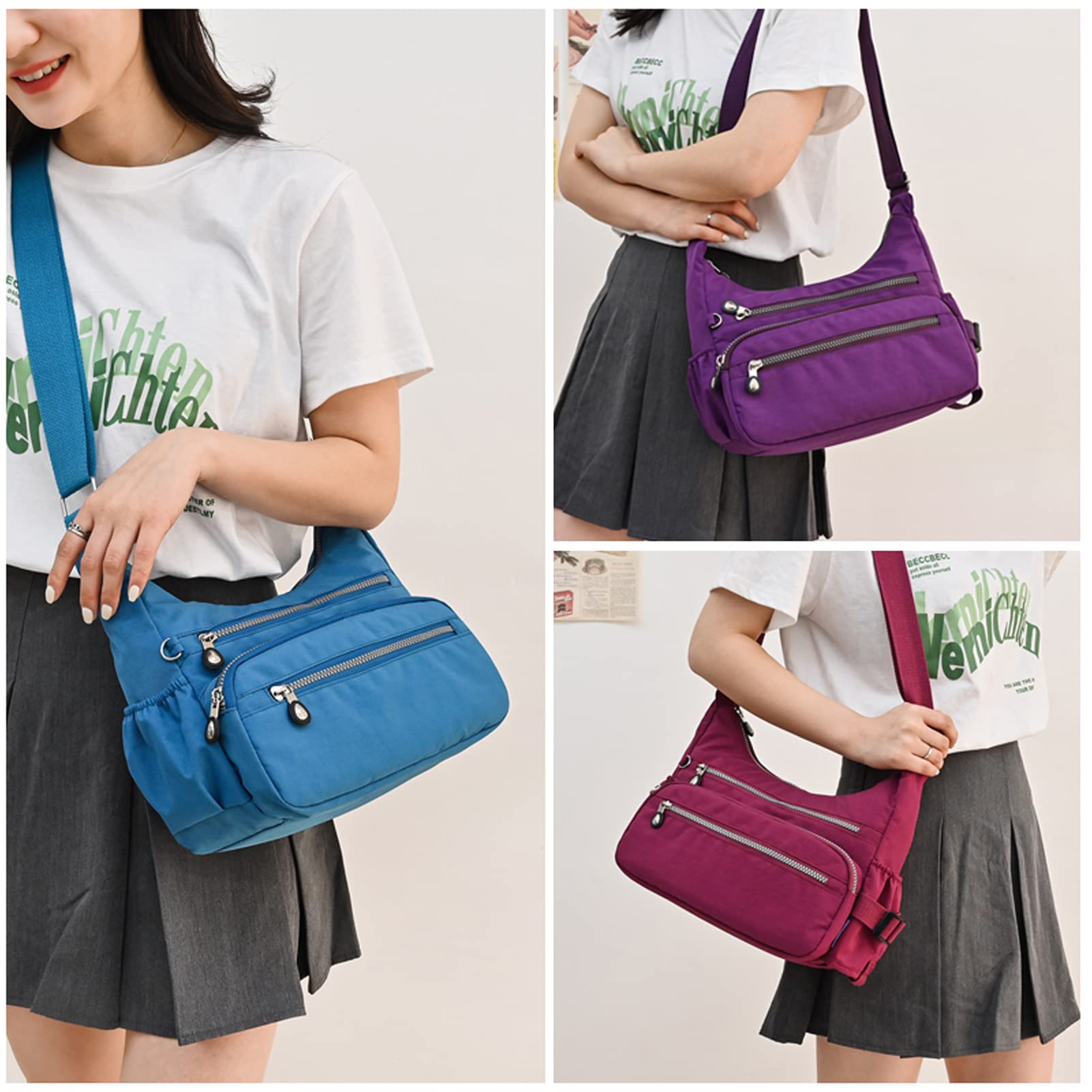 KARRESLY Crossbody Purse Bag Fabric Nylon Multi Pocket Tote Ladies Messenger Handbag(Red)