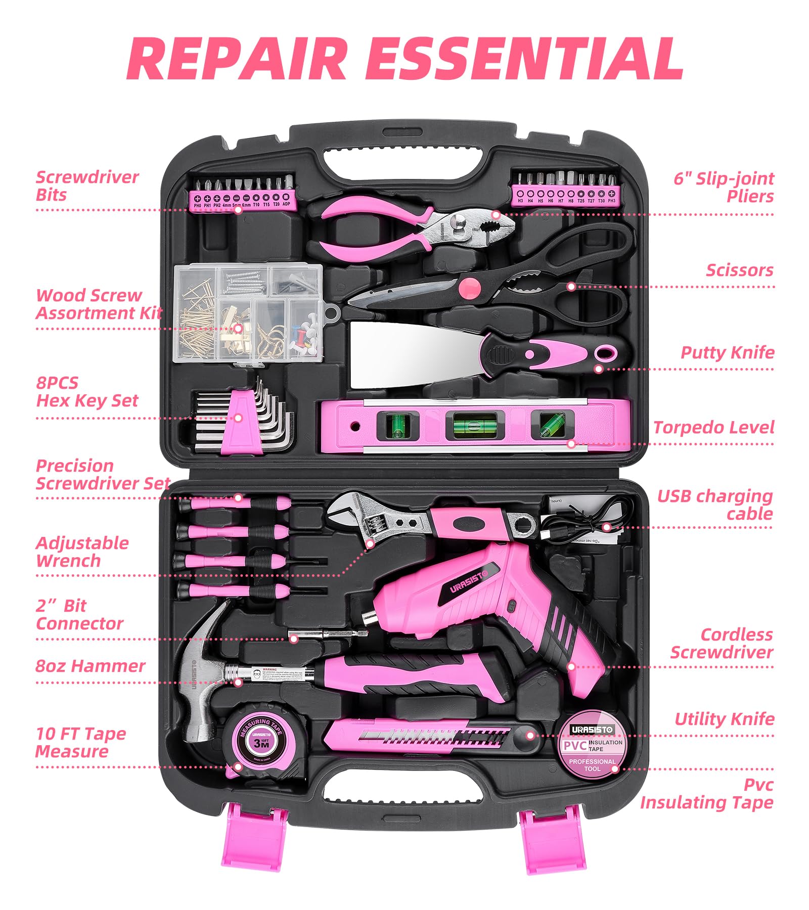 URASISTO Pink Household Tool Set with 3.6V USB Electric Screwdriver, 136 PCS Home Tool Kit with Cordless Lithium-ion Drill Driver, Hand Tool Kits for Women