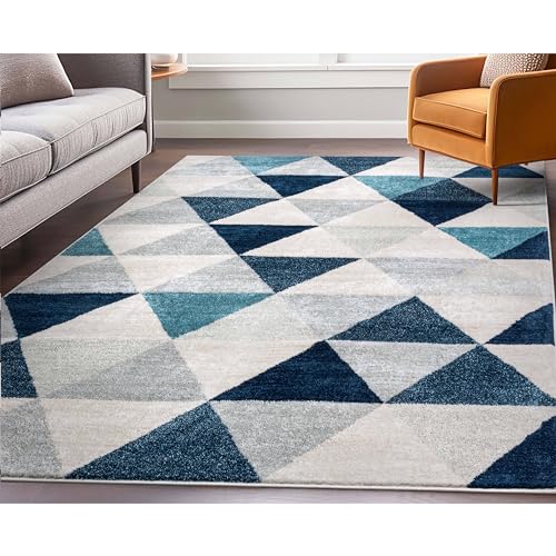 Well Woven Isometry Blue & Grey Modern Geometric Triangle Pattern Area Rug 7'10" x 9'10" Soft Shed Free Easy to Clean Stain Resistant