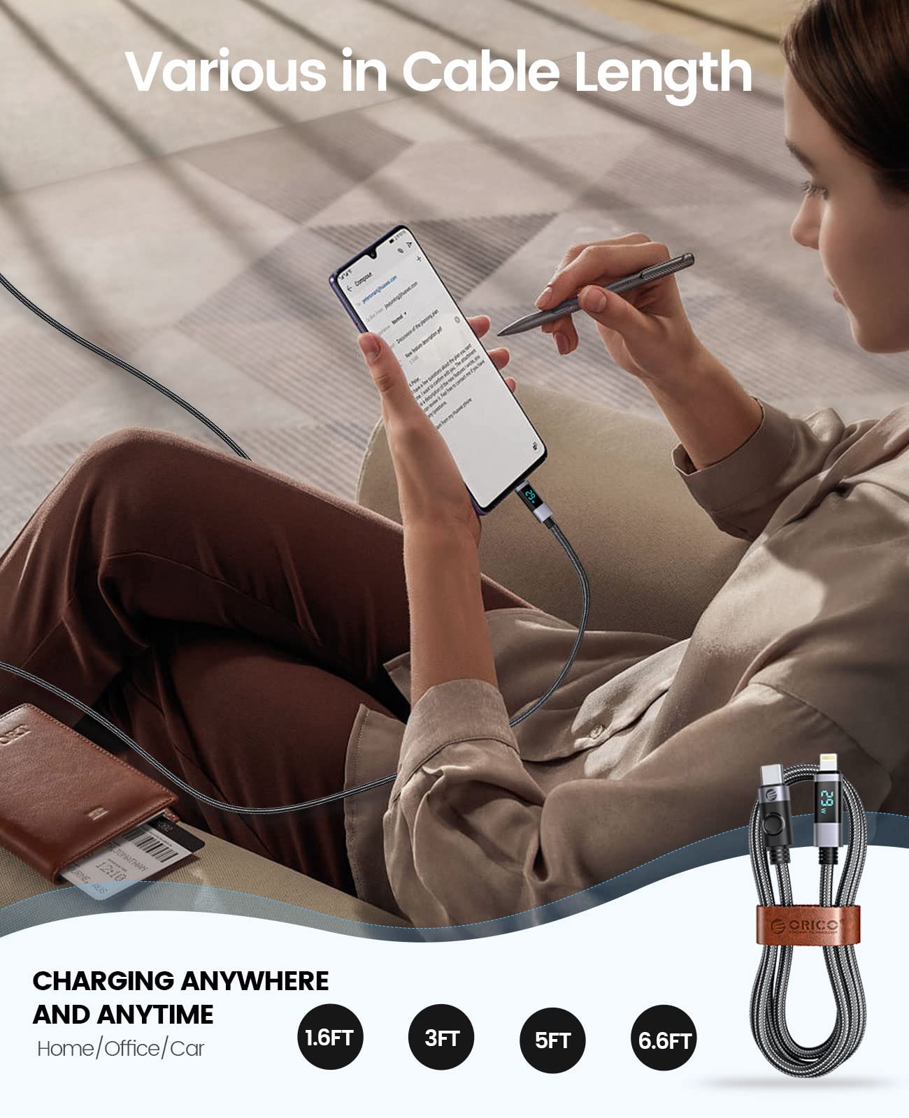 ORICO USB-C to Lightning Cable, 29W PD Syncing Cord LED Display Fast Charging, High Speed Data Transfer Cord Compatible with iPhone 13 12 11 Pro Max XS XR X 8 7 Plus AirPods Pro and More