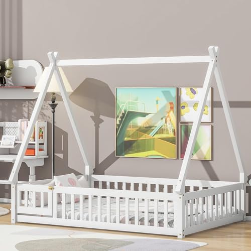 RORIGAT Full Size Floor Bed for Kids,Tent-Shaped Full Teepee Bed Frame with Fence Guardrails,Wood Montessori Floor Bed with Slats and Door for Girls Boys Bedroom,White