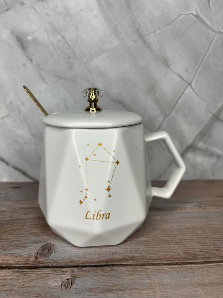 RedRoko Zodiac Sign Star Self Heating Coffee Mug - Astrology Coffee Mugs, Constellation, Astrology Zodiac Signs, Coffee Warmer Mug, Ceramic Coffee Mug with Hot Plate, Spoon & Lid - Libra - White