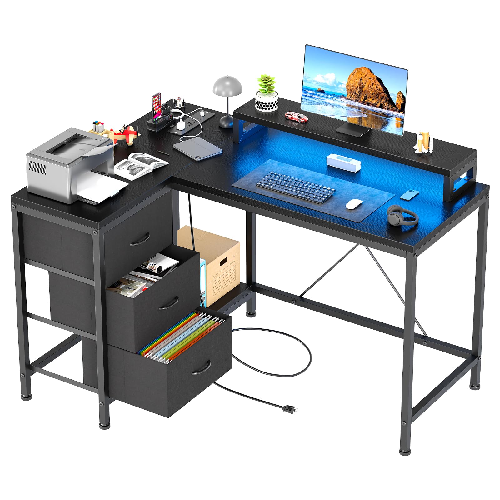Patikuin L Shaped Desk with Power Outlets & LED Lights, Computer Desk with Drawers & Shelves, Corner Desk Gaming Desk Home Office Desk, Rustic Brown