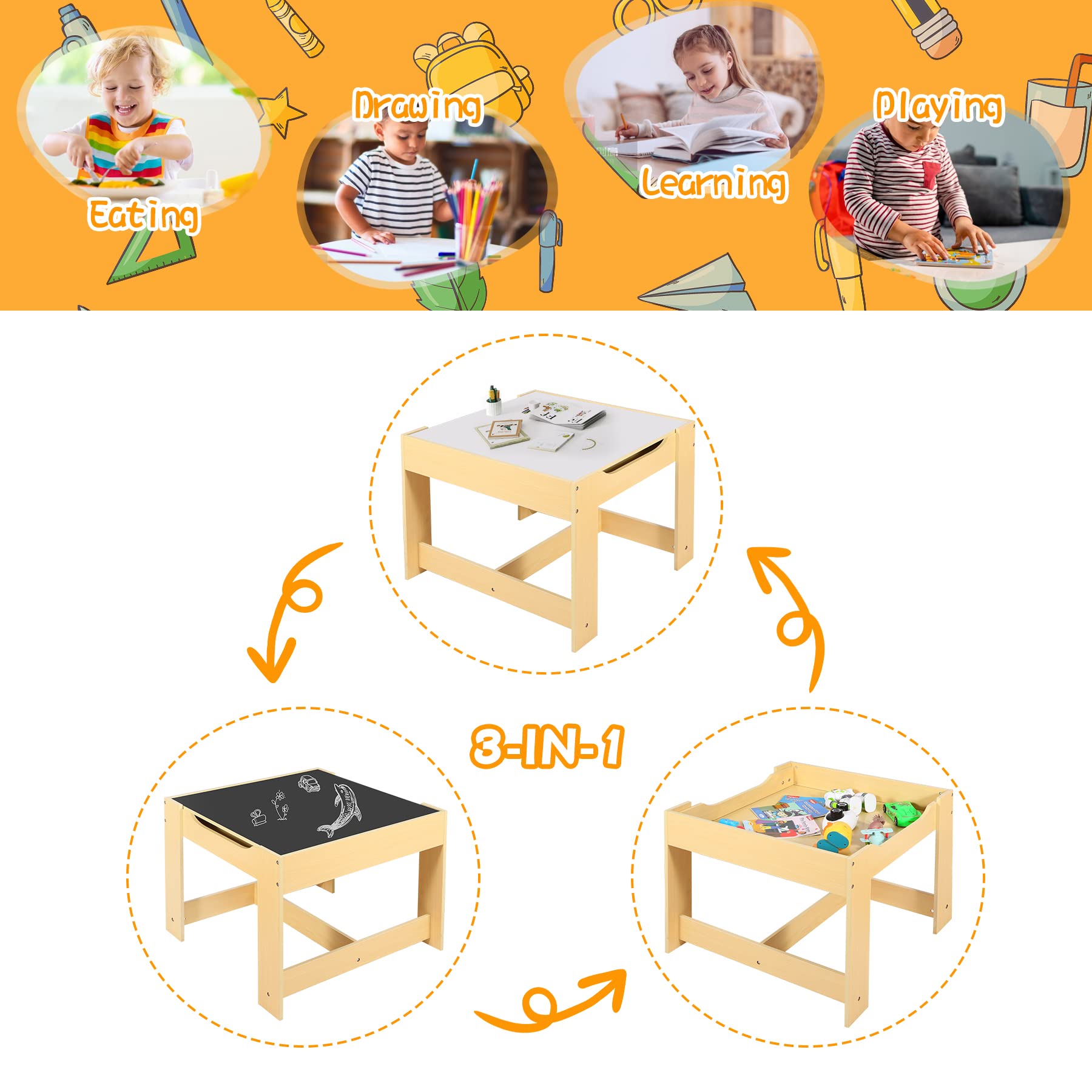 RedSwing Kids Table and Chair Set, 3 in 1 Wooden Childrens Craft Table with 2 Chairs Storage Drawers,Toddler Activity Art Table for Drawing,Reading,Playroom