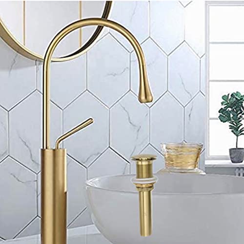 Luxury High Arc Single Handle One Hole,Tall Modern Bathroom Vessel Sink Faucet, Solid Brass Lavatory Vanity Faucet, Free Pop Up Drain Assembly and Water Hoses. cUPC Certified (Brushed Gold)