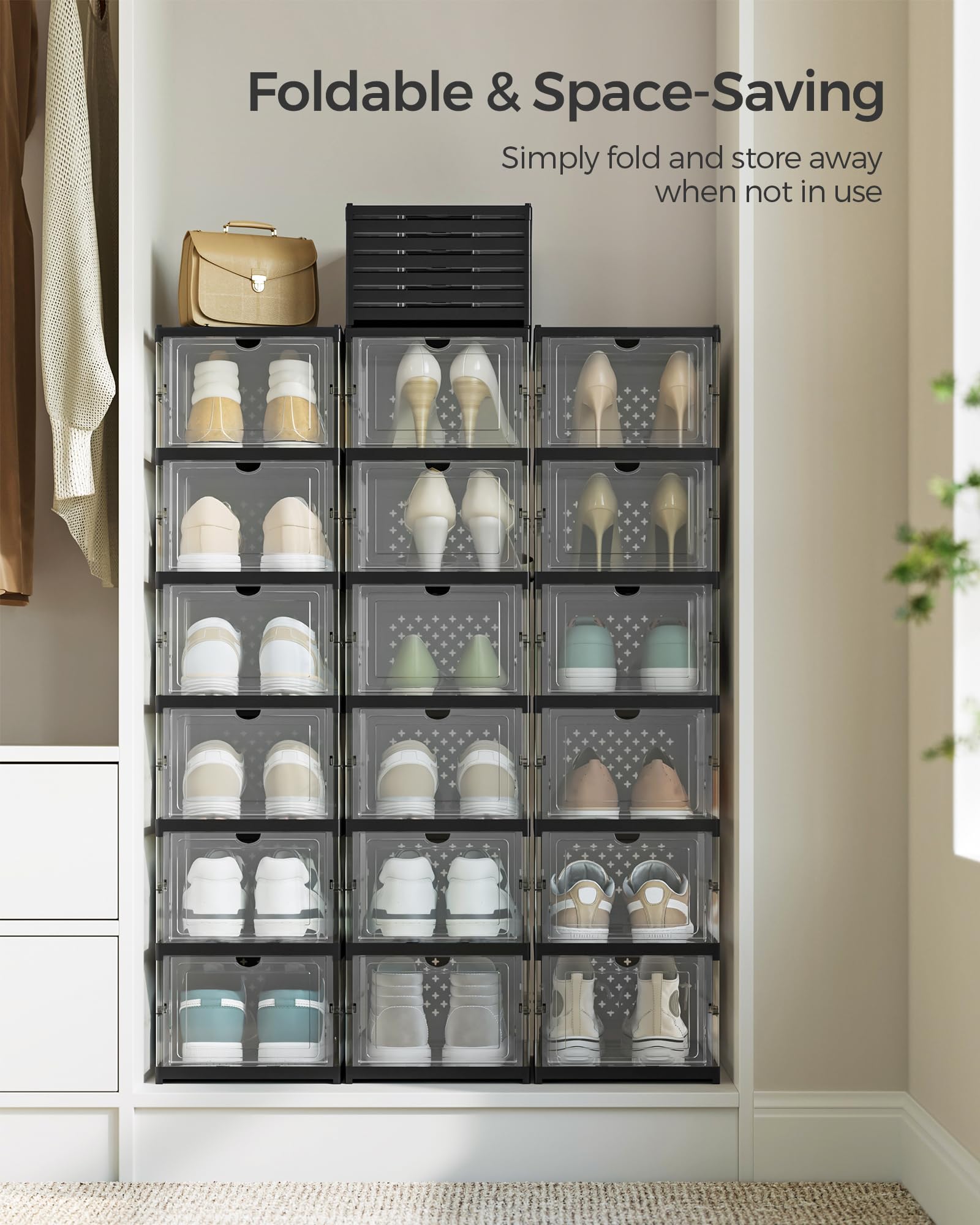 SONGMICS Foldable Shoe Boxes, Pack of 18 Stackable Shoe Storage Organizer, Set of 3 Integraed Shoe Cabinets, Portable, Fit up to US Size 13, 60s Assembly, Transparent and Ink Black ULSP207B01