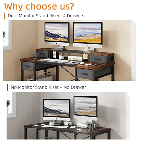 YAOHUOO Computer Desk with Dual Monitor Stands - 48'' Office Desk Writing Desk with 4 Drawers and Keyboard Storage, Work Desk with Dual PC Mainframe Shelves for Storage (Rustic Brown, 48)
