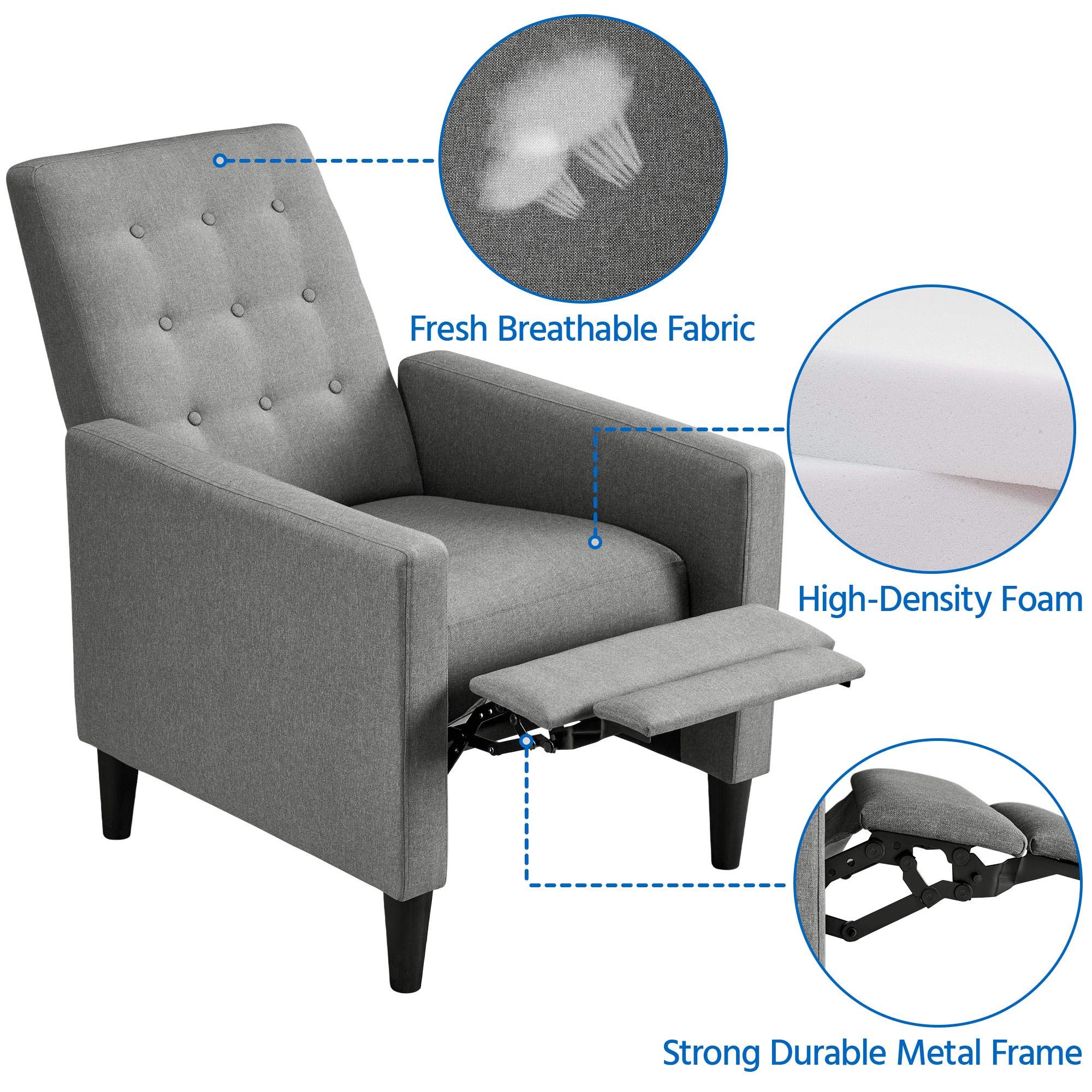 Yaheetech Fabric Recliner Chair Mid-Century Modern Recliner Adjustable Single Recliner Sofa with Thicker Seat Cushion Tufted Upholstered Sofa with Pocket Spring for Living Room Bedroom Gray