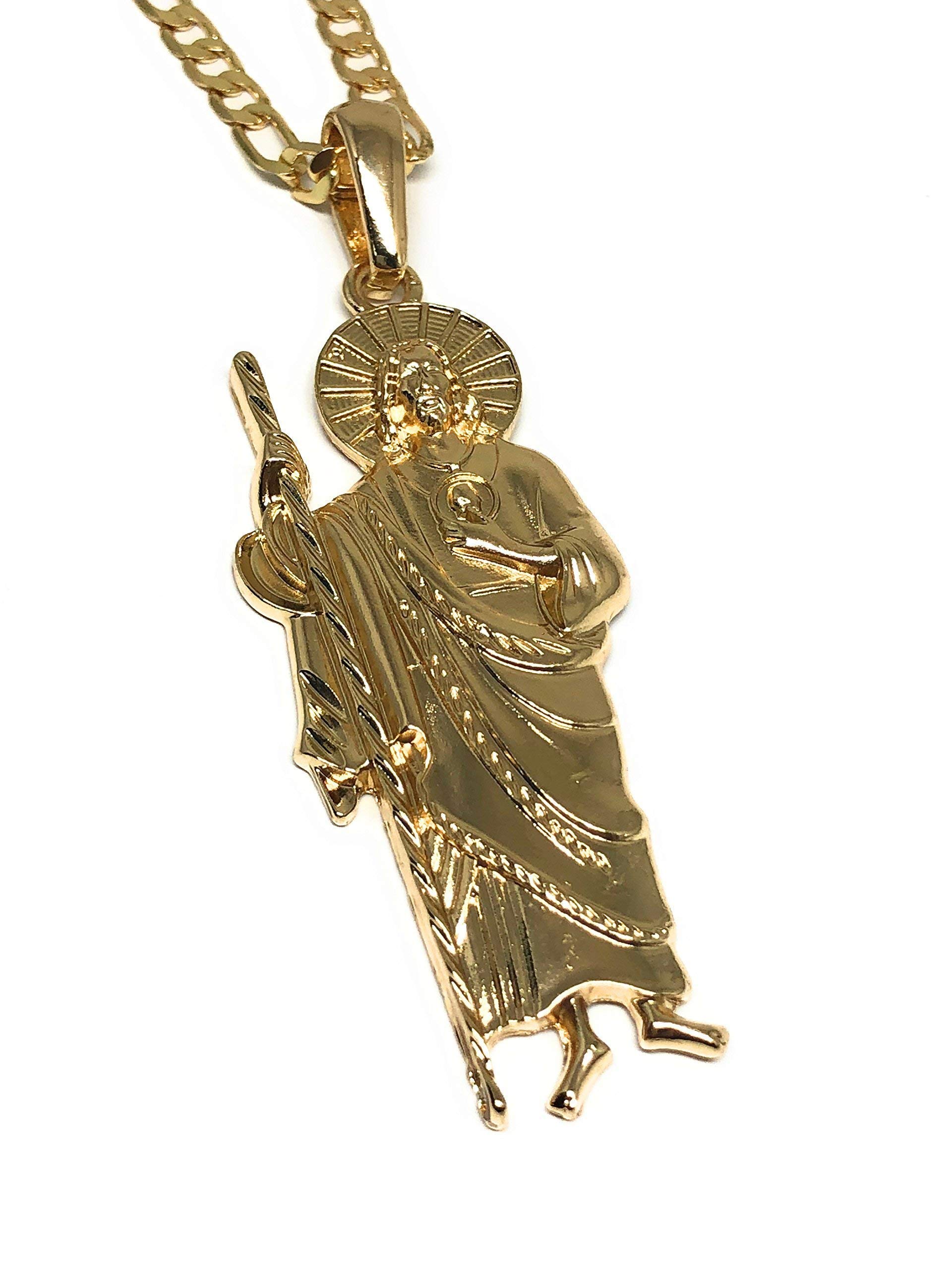 Fran & Co. Jewelry Gold Plated Big Saint Jude Pendant Necklace Figaro 26" San Judas Tadeo Medalla XL Cadena Oro